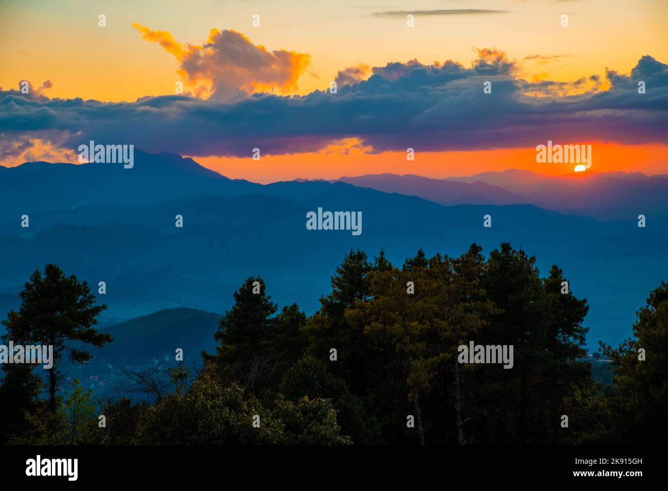 The sunset over the Himalayas mountain range captured from Nagarkot in ...