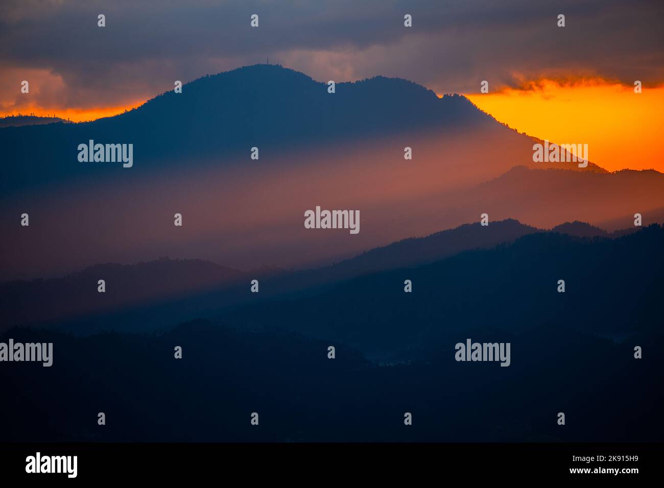 The sunset over the Himalayas mountain range captured from Nagarkot in ...