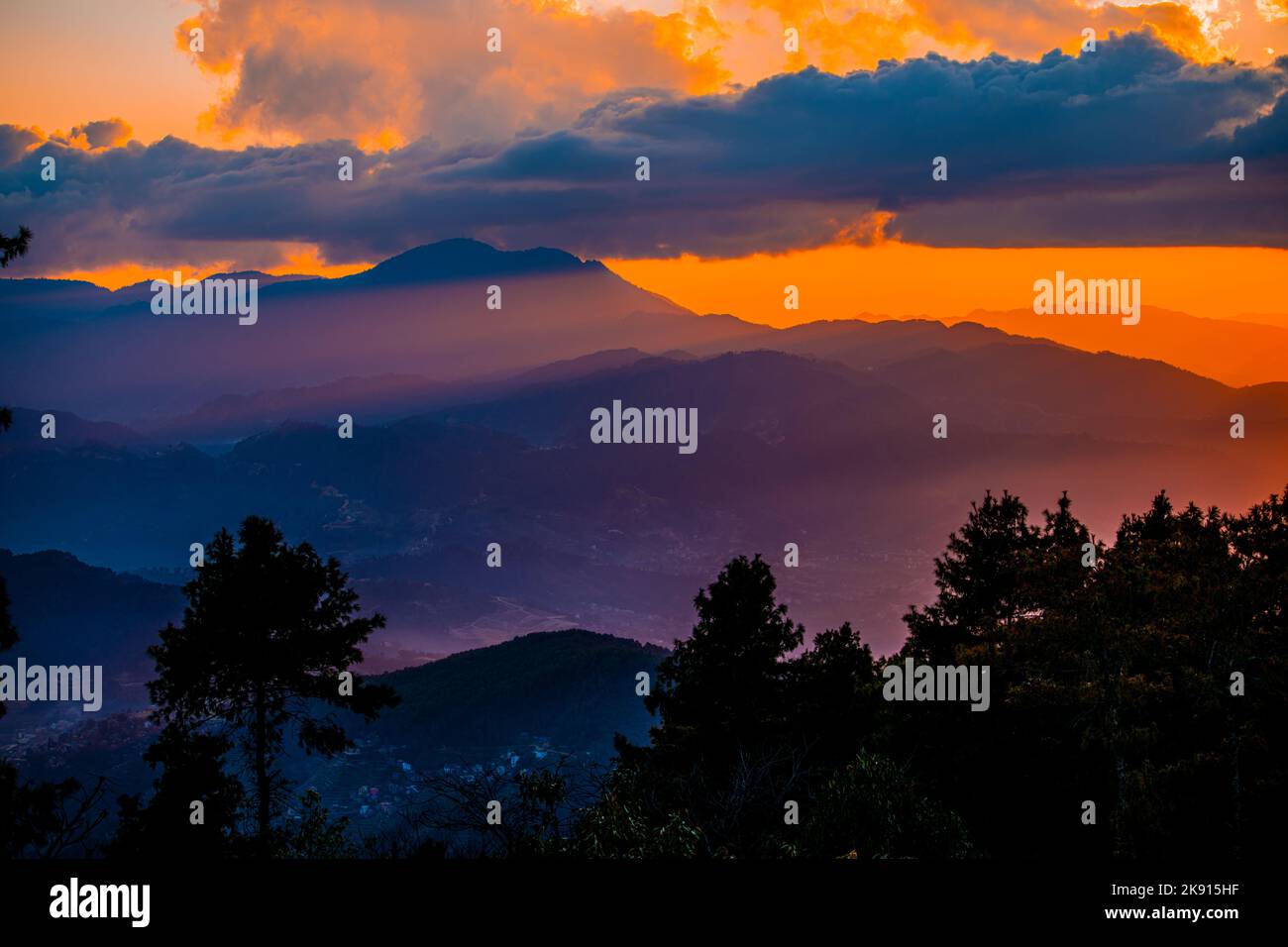 The sunset over the Himalayas mountain range captured from Nagarkot in ...