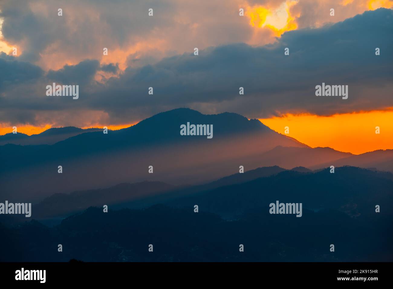 The sunset over the Himalayas mountain range captured from Nagarkot in ...