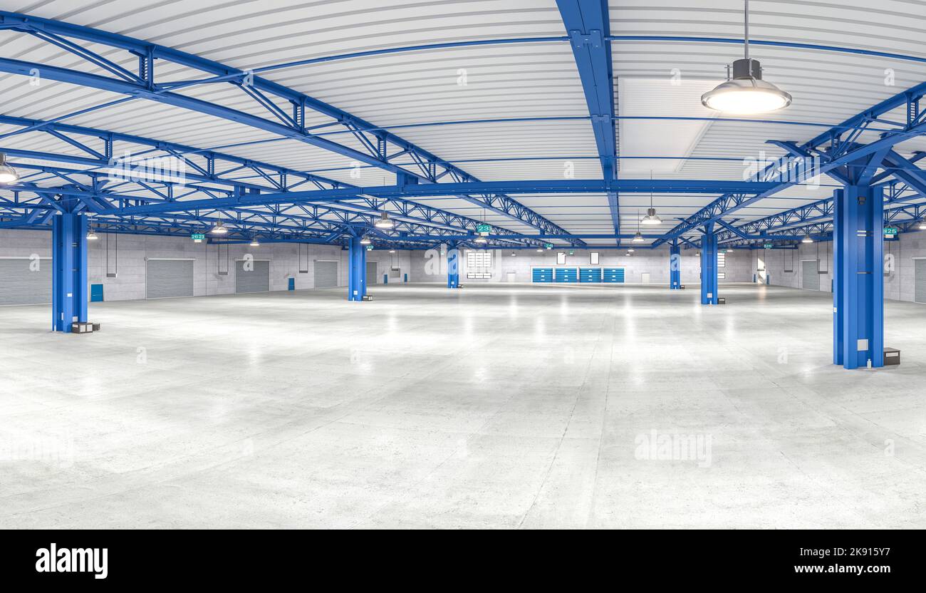 interior of an empty warehouse fisheye view. 3d render Stock Photo - Alamy