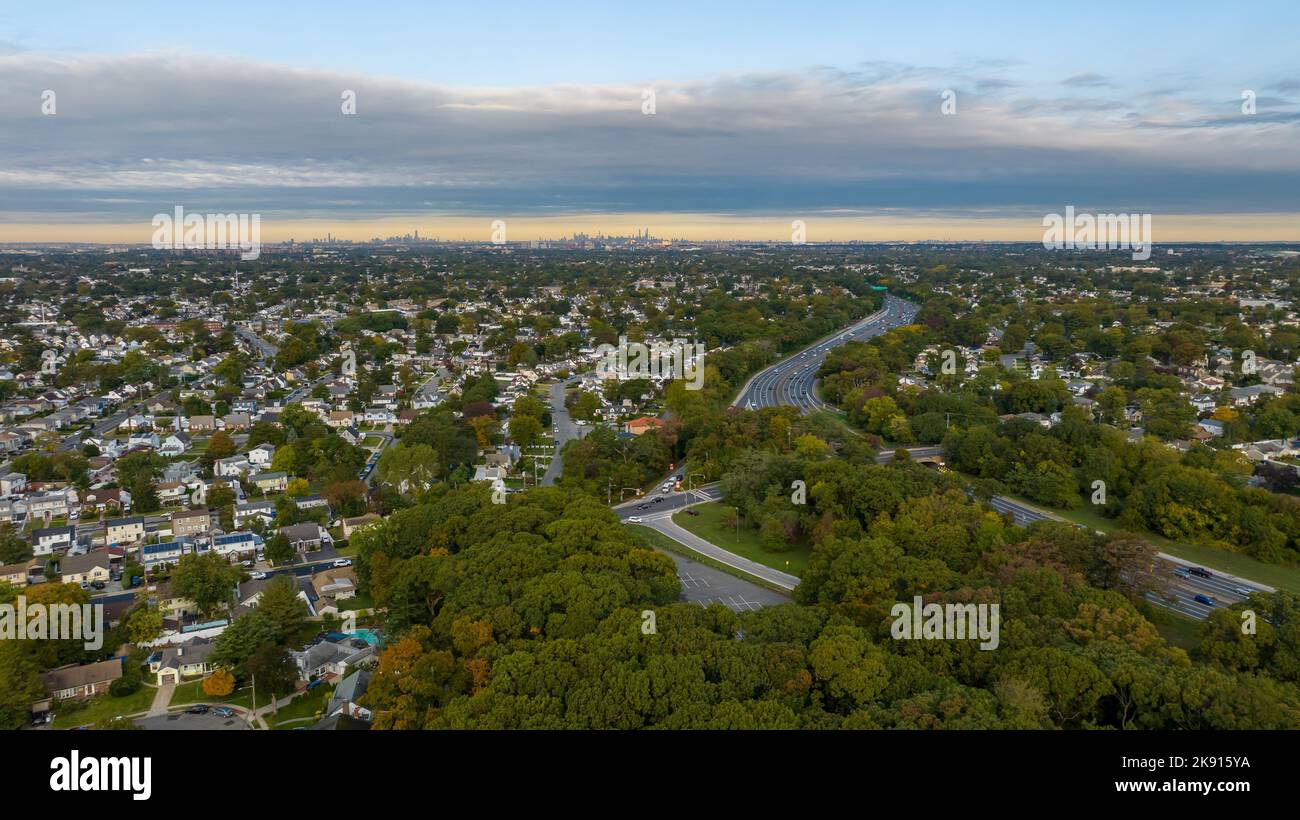 An aerial view of a suburban neighbourhood on Long Island, New York ...