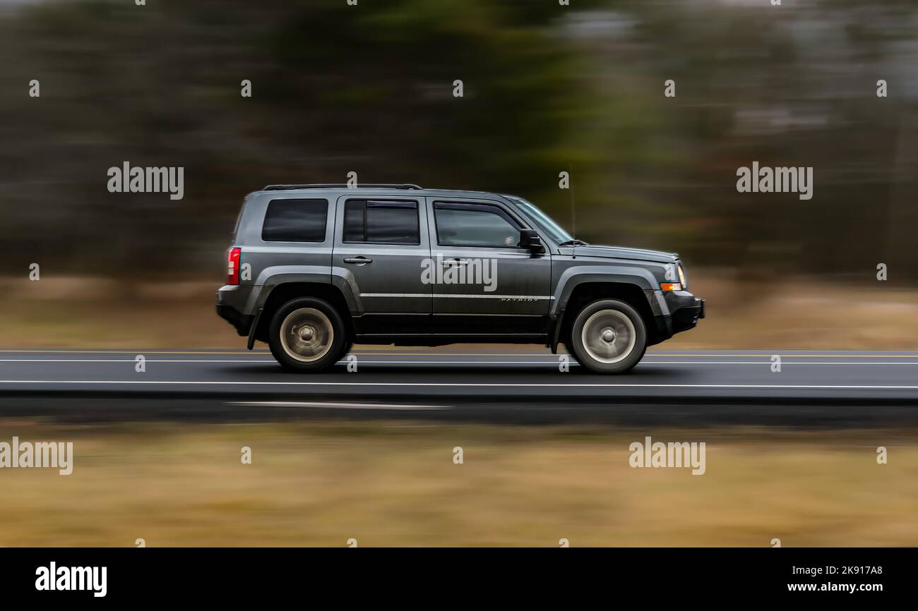 A grey car driving very fast through a beautiful forest Stock Photo - Alamy