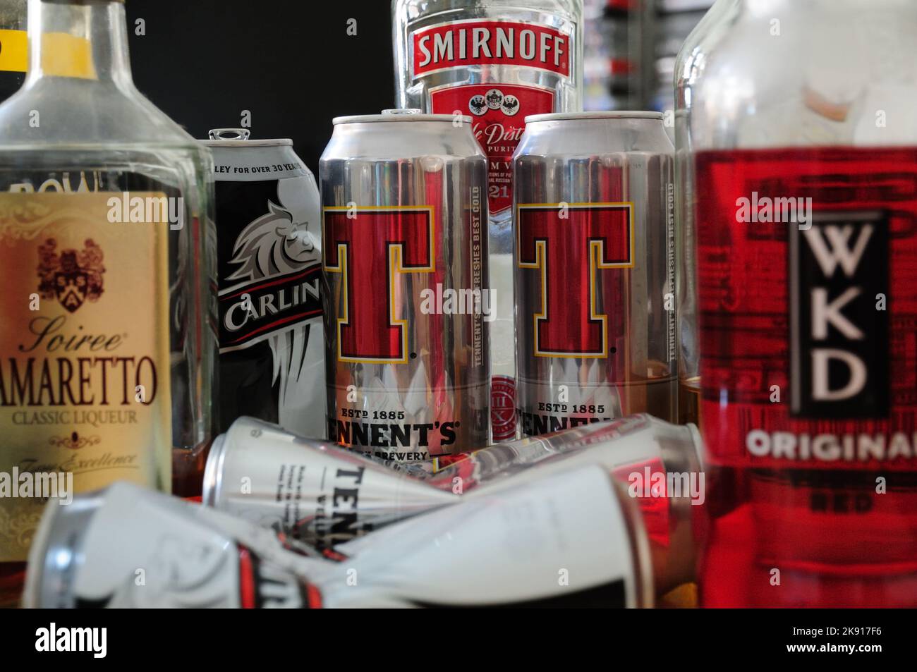 The alcoholic drink bottles and cans Stock Photo - Alamy