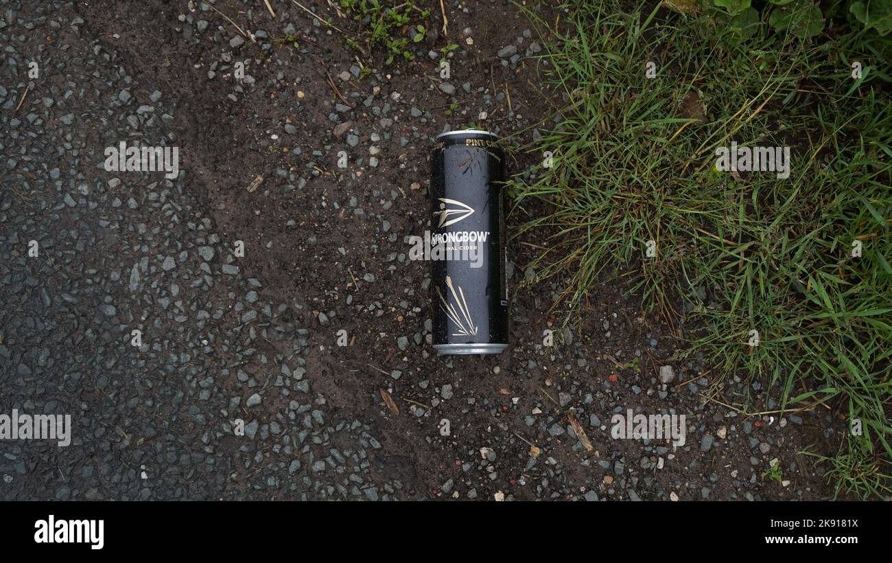 Empty alcohol tins left in street, with grass. Litter, rubbish ...