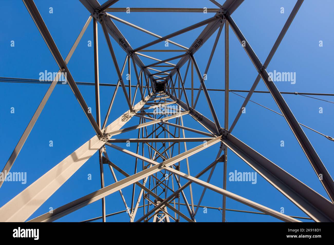 Abstract upward view of a steel suspension tower of the historic Dewey ...