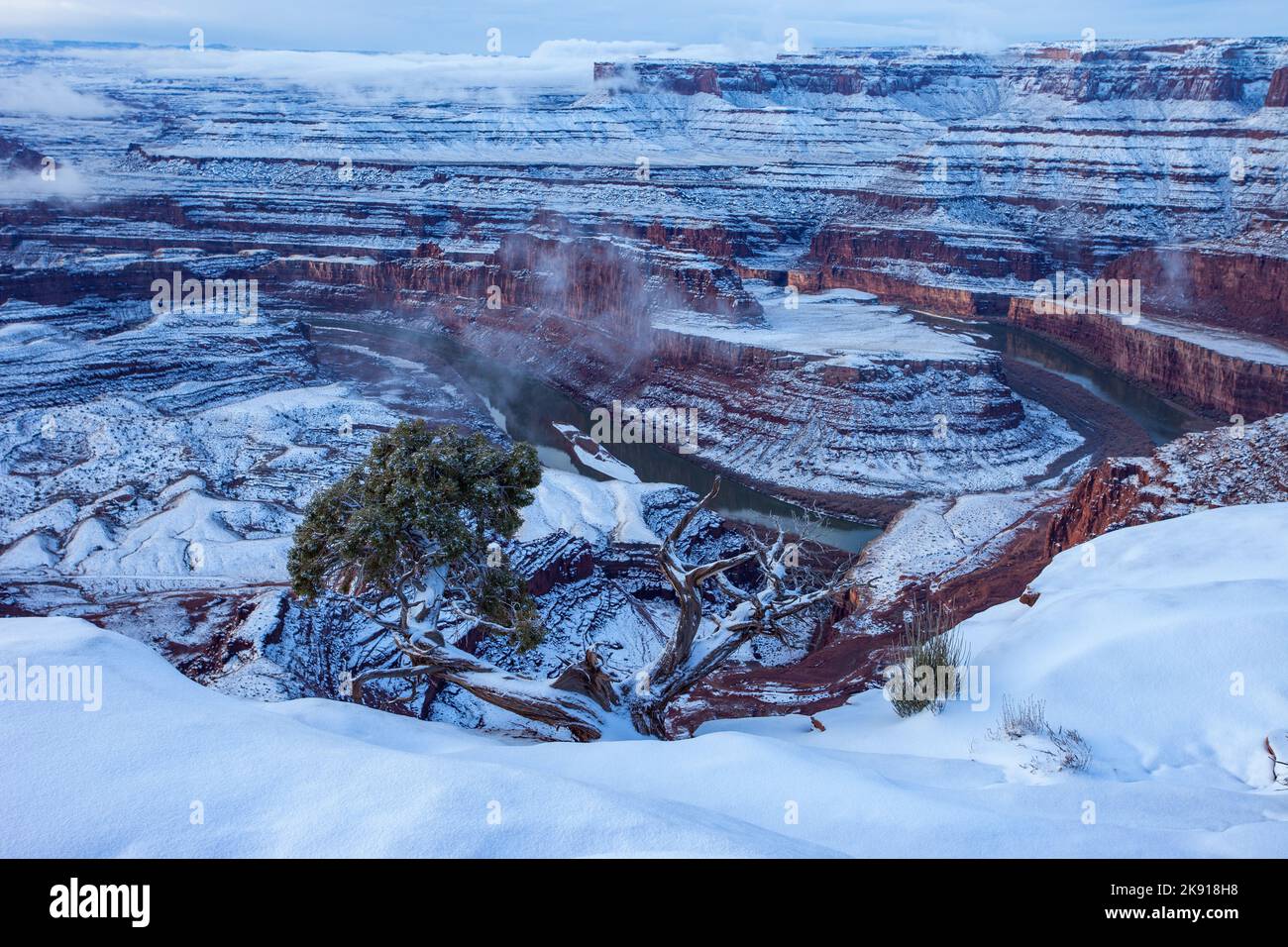 Snowy winter view of the Goose Neck of the Colorado River from Dead ...