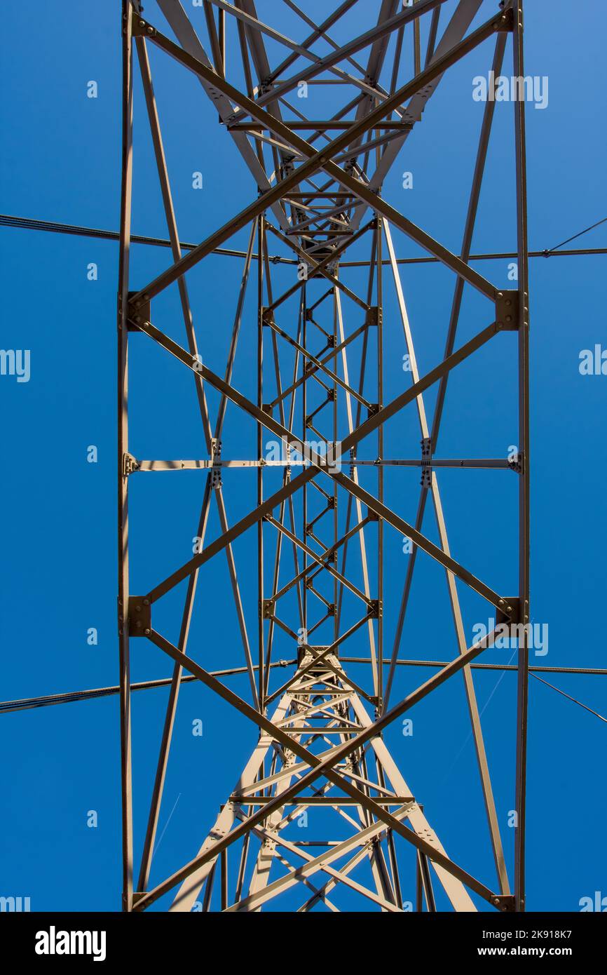 Abstract upward view of a steel suspension tower of the historic Dewey ...