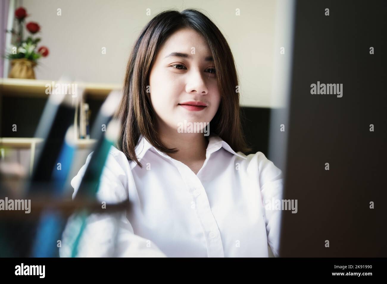 freelance concept,female using computers to design work as ordered by customers at home Stock ...