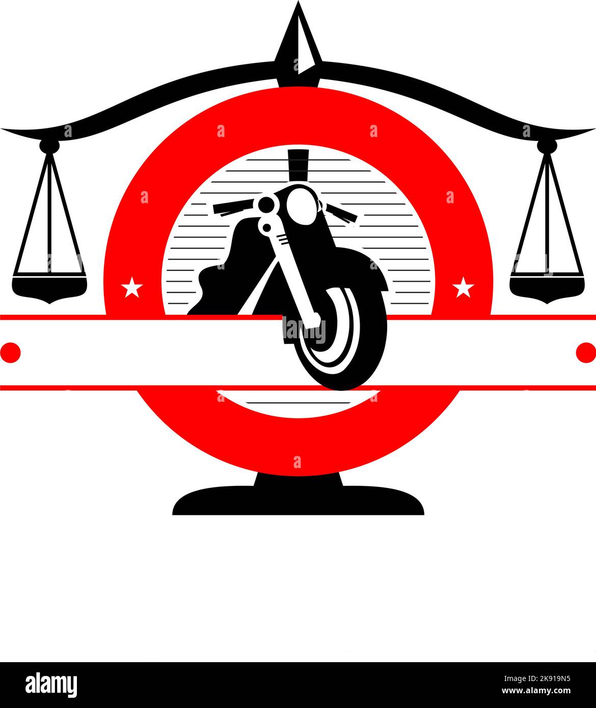 A motorcycle in a red circle with scales of justice in the background ...