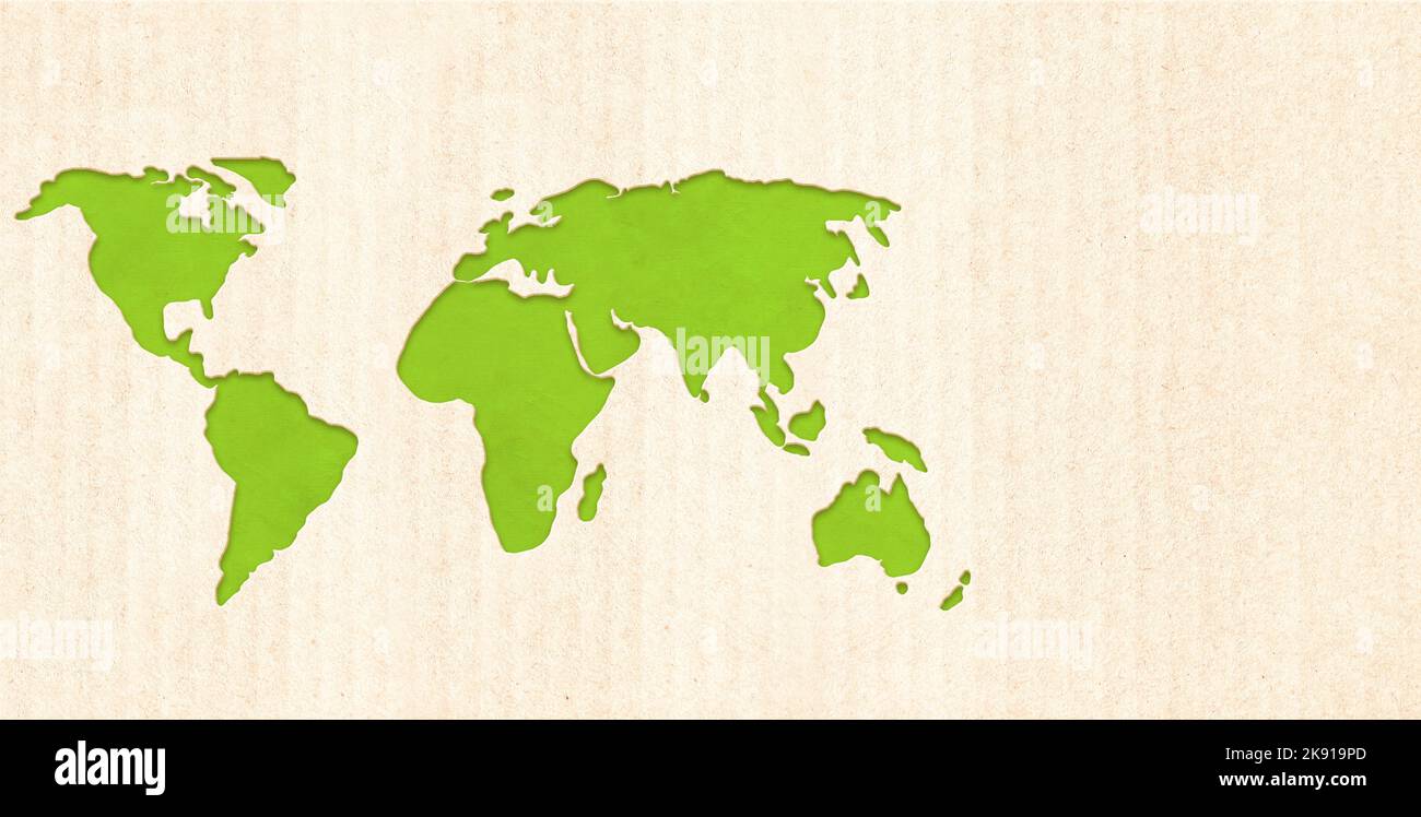 Ecology and zero waste concept. World map silhouette on cardboard ...
