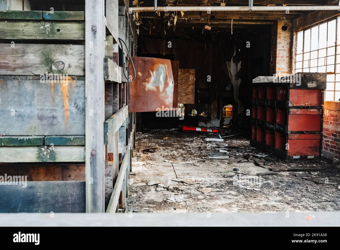 The interior of an old abandoned warehouse Stock Photo - Alamy