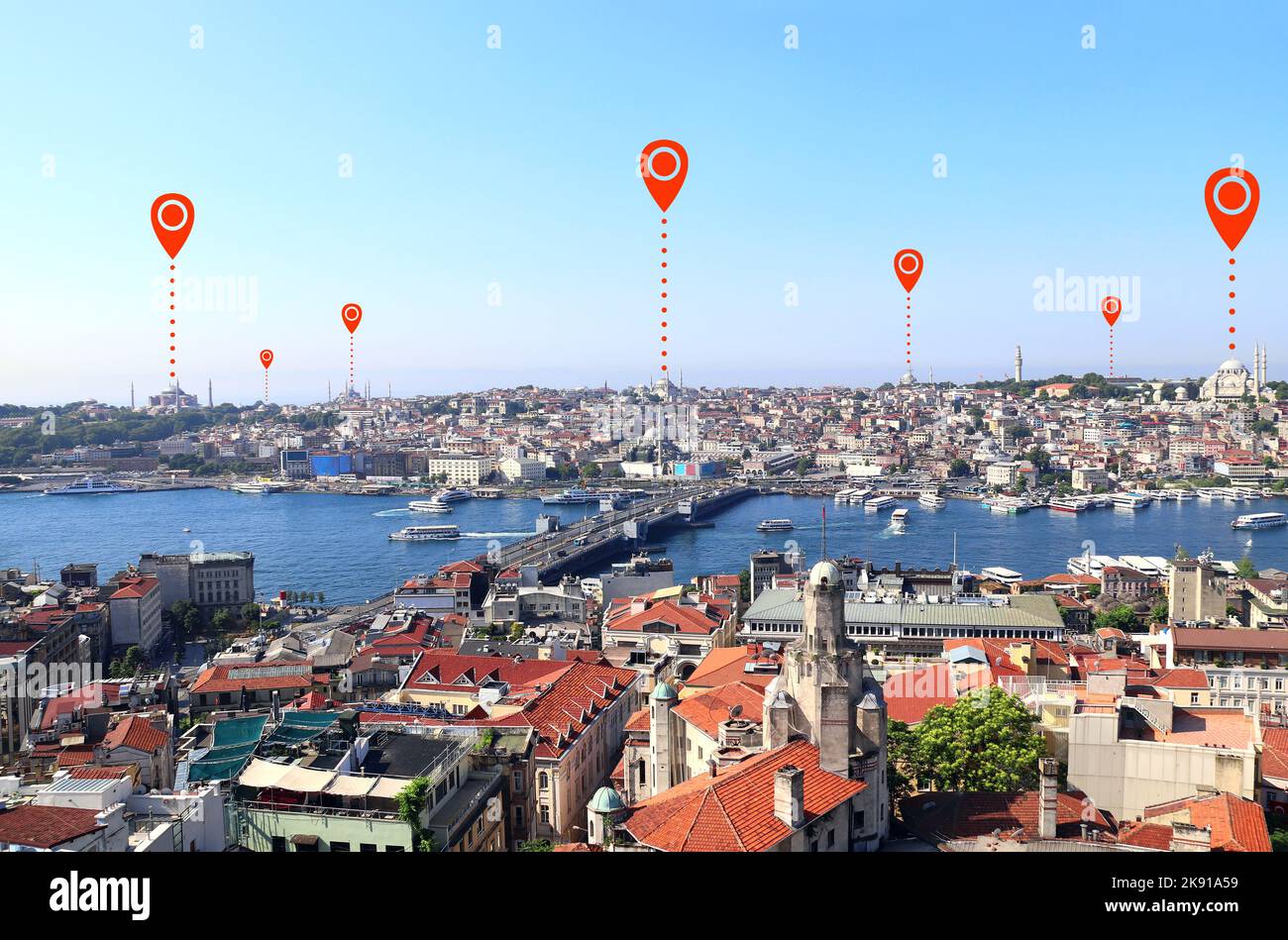 Network connection concept. Aerial view on Istanbul with red location ...