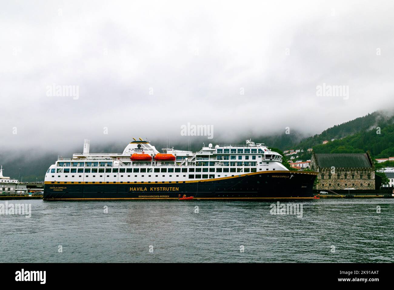 Passenger coastal ferry Havila Capella (built 2021) at Festningskaien ...