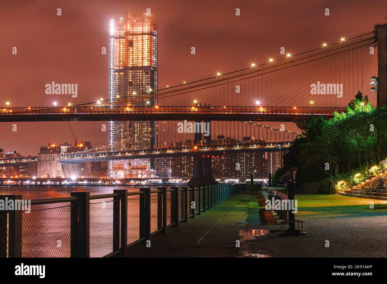 Night View Of Brooklyn Bridge And Lower Manhattan Skyline From Brooklyn