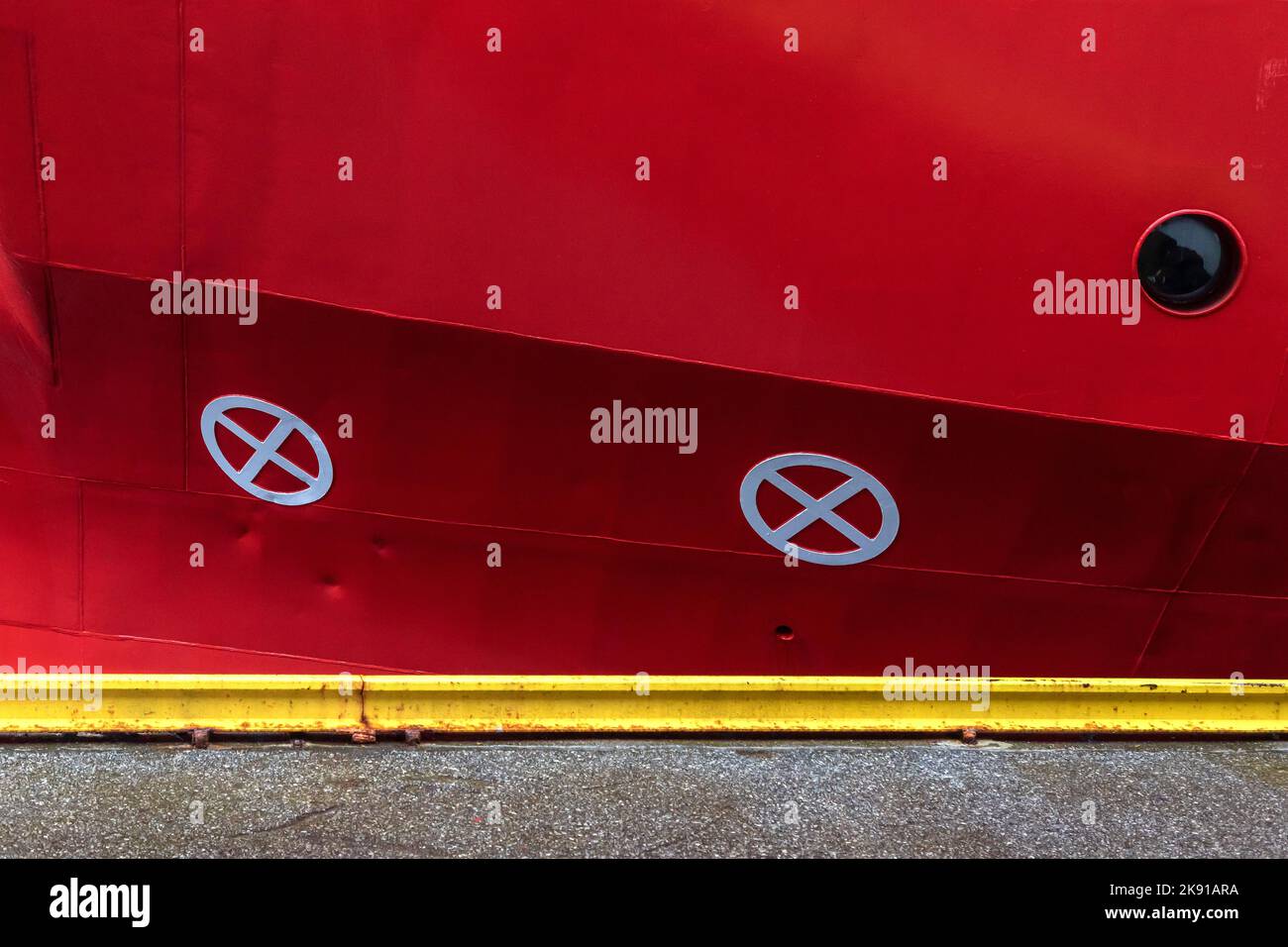Ddetail from hull of BB Orca, a service vessel (avlusningsbåt) for aqua ...