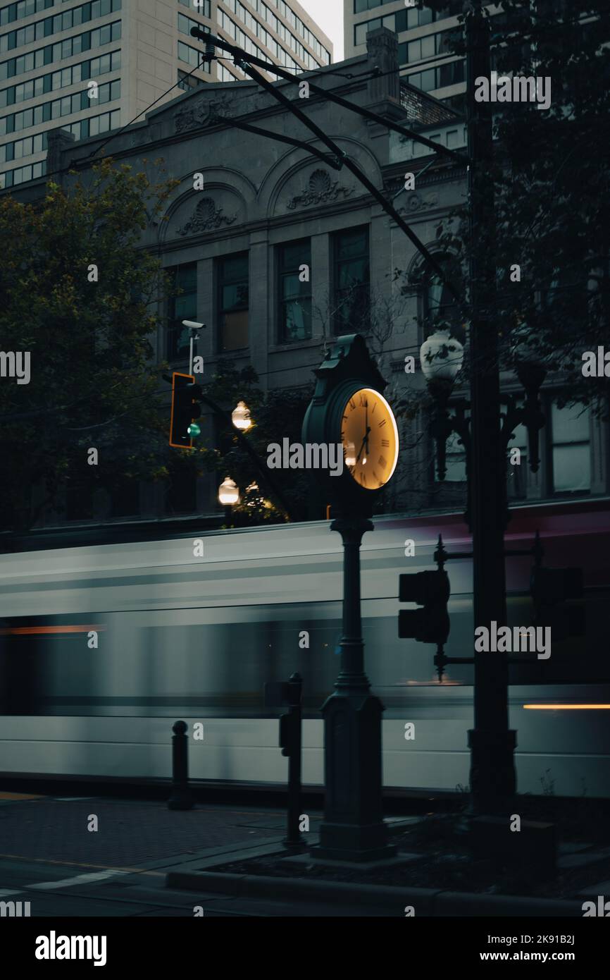 A vertical long exposure of the Trax rail system in Salt Lake City ...