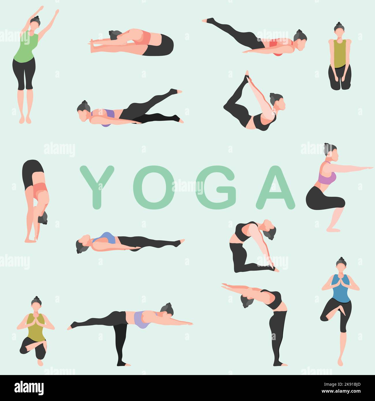 The icons of illustrated women in different yoga poses on a mint ...