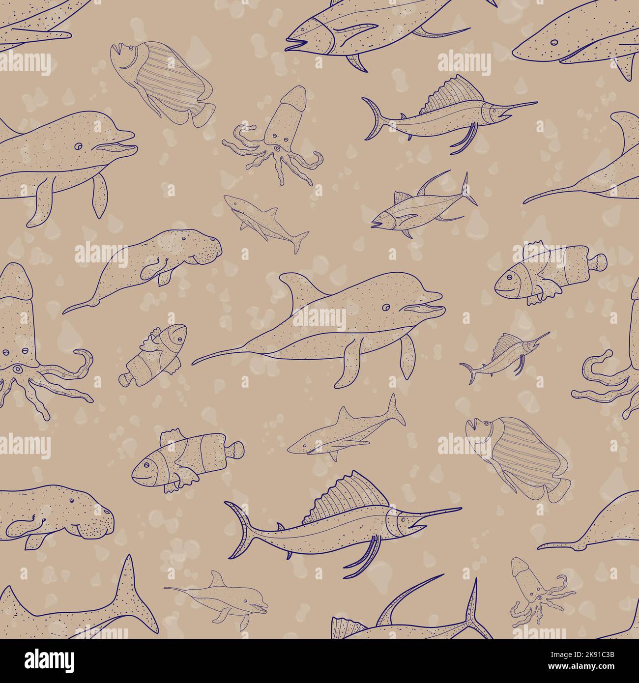 A seamless pattern of ocean animals in a doodle hand-drawing style ...