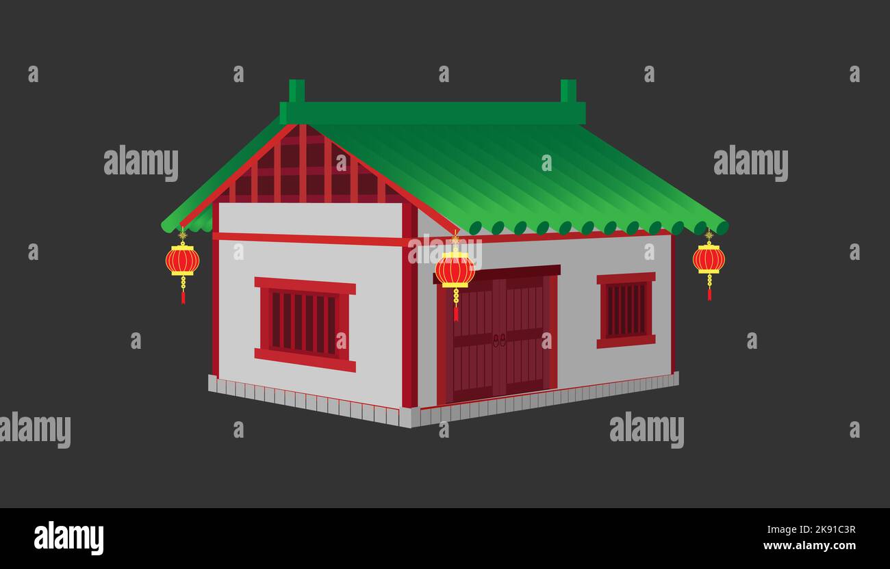 A traditional Chinese house with a green roof on a gray background ...