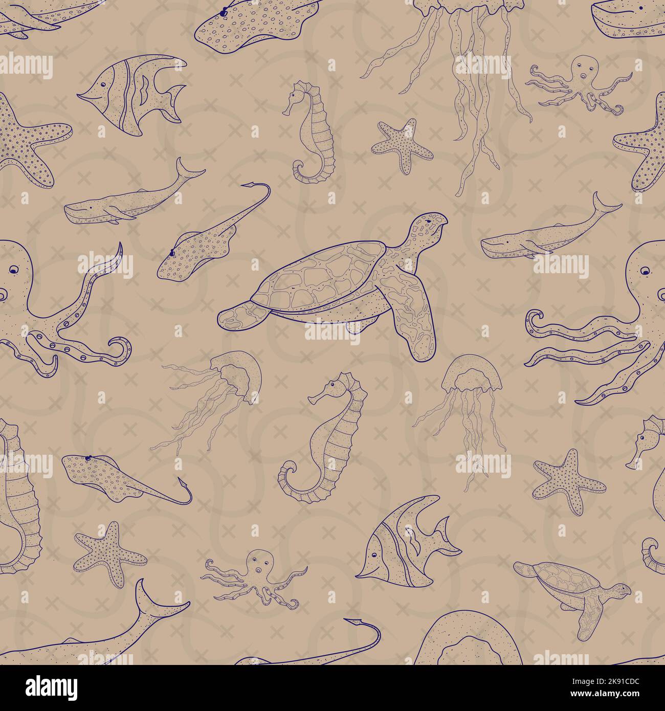 A seamless pattern of ocean animals in a doodle hand-drawing style ...