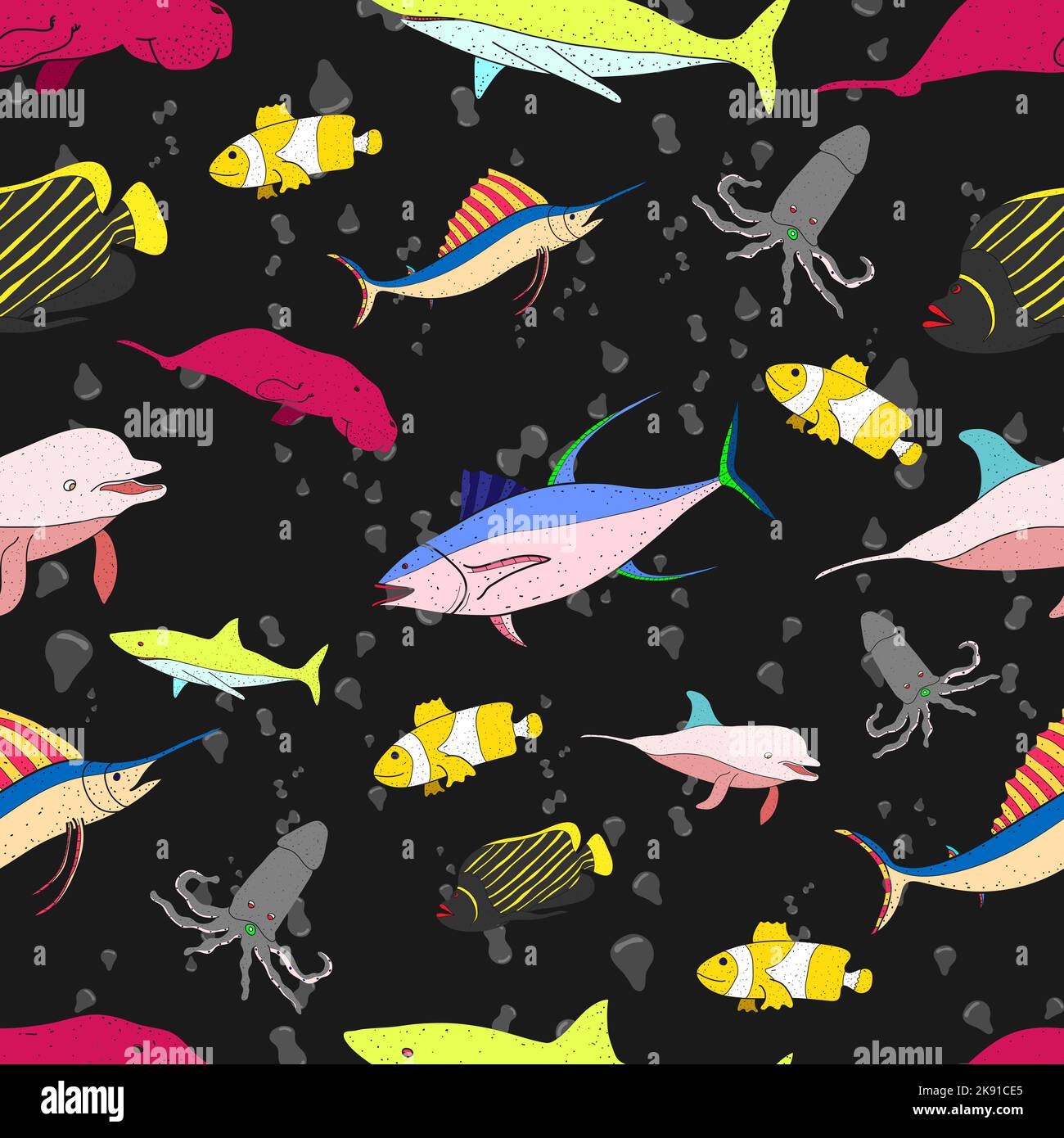 A seamless pattern of ocean animals in a doodle hand-drawing style ...