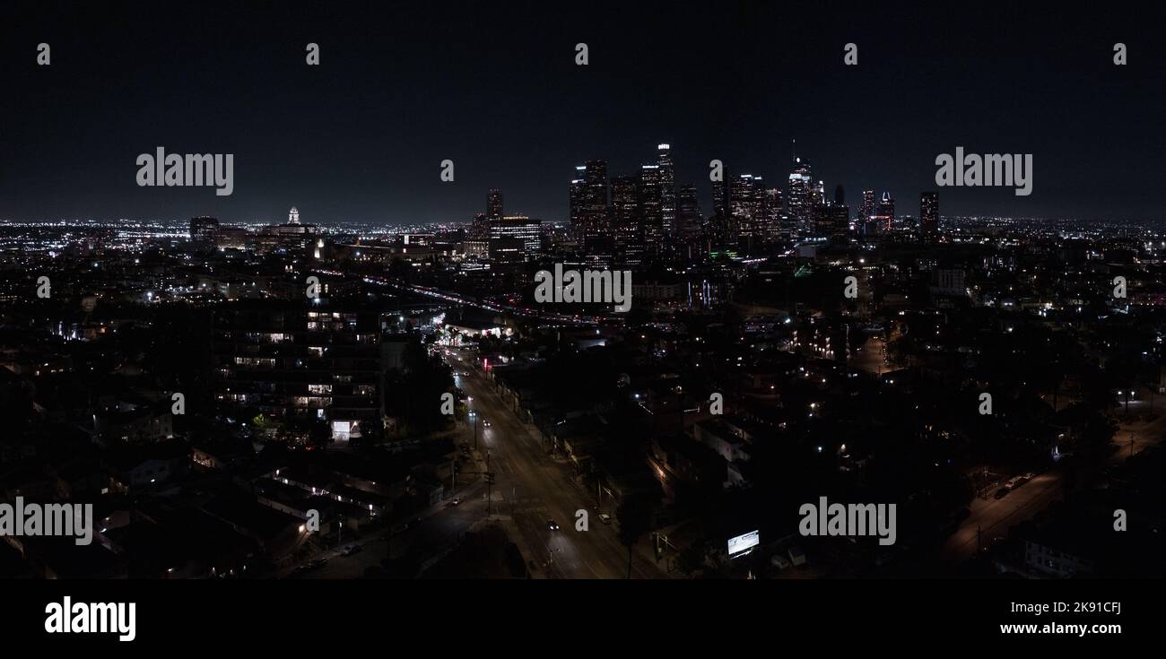 Los Angeles downtown buildings at night Stock Photo - Alamy