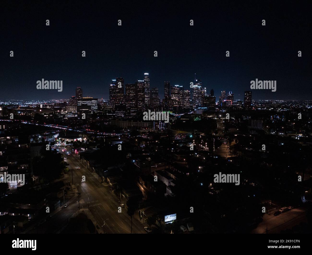 Los Angeles downtown buildings at night Stock Photo - Alamy