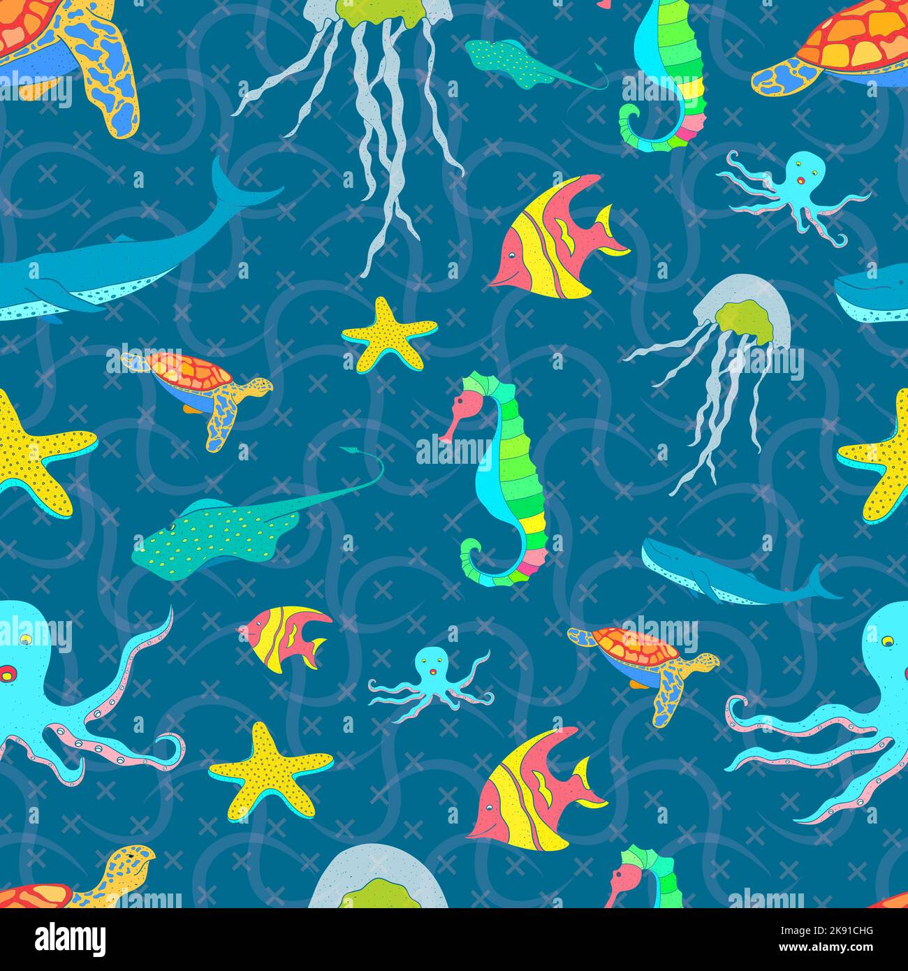 A seamless pattern of ocean animals in a doodle hand-drawing style ...