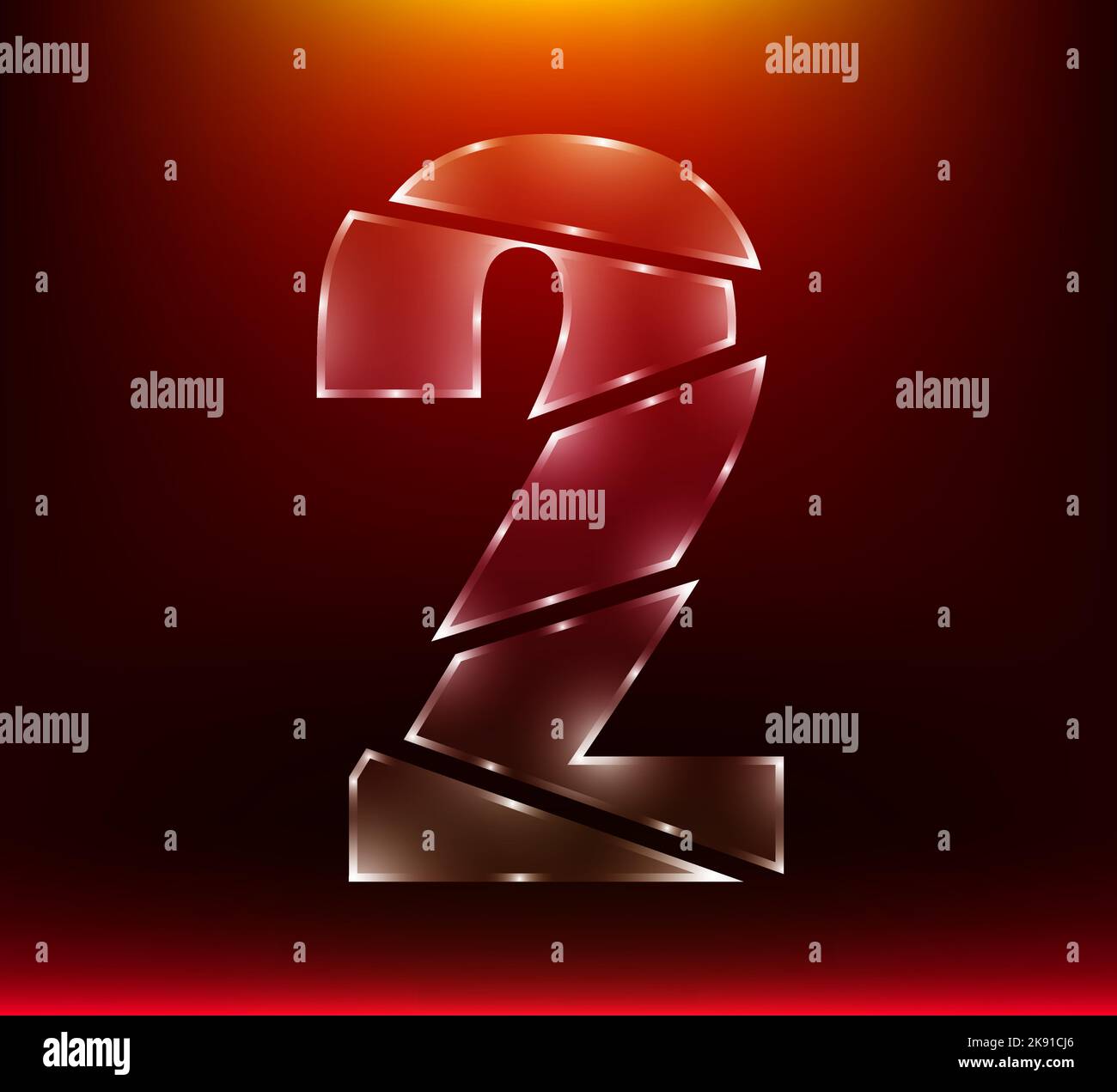 A glass number 2 slashed by sword isolated on a red background Stock ...