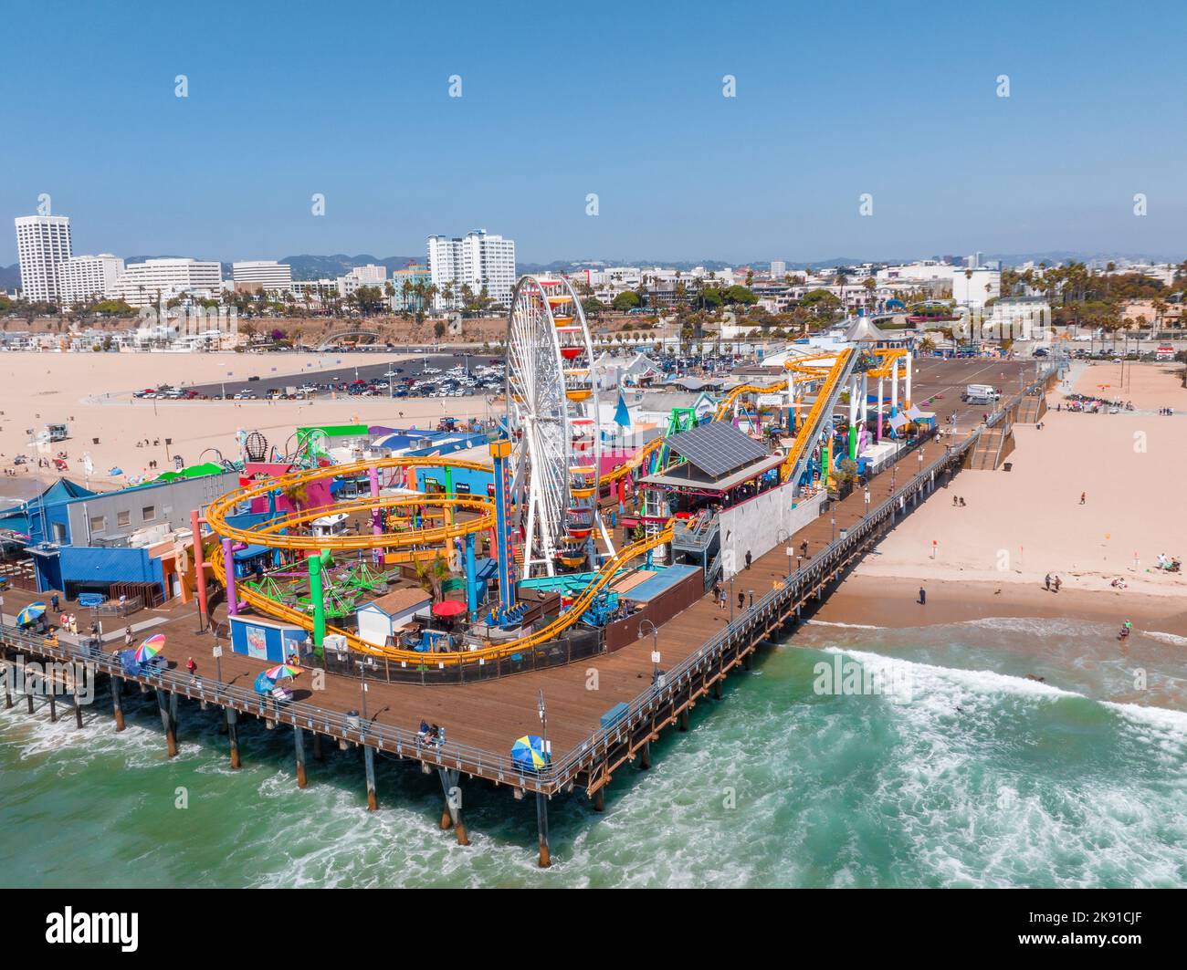 Panoramic aerial view of the Santa Monica Beach and the Pier Stock ...