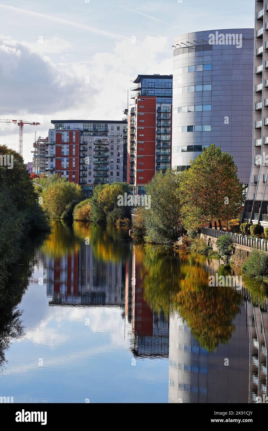 A view along the River Aire in Leeds City Centre looking towards ...