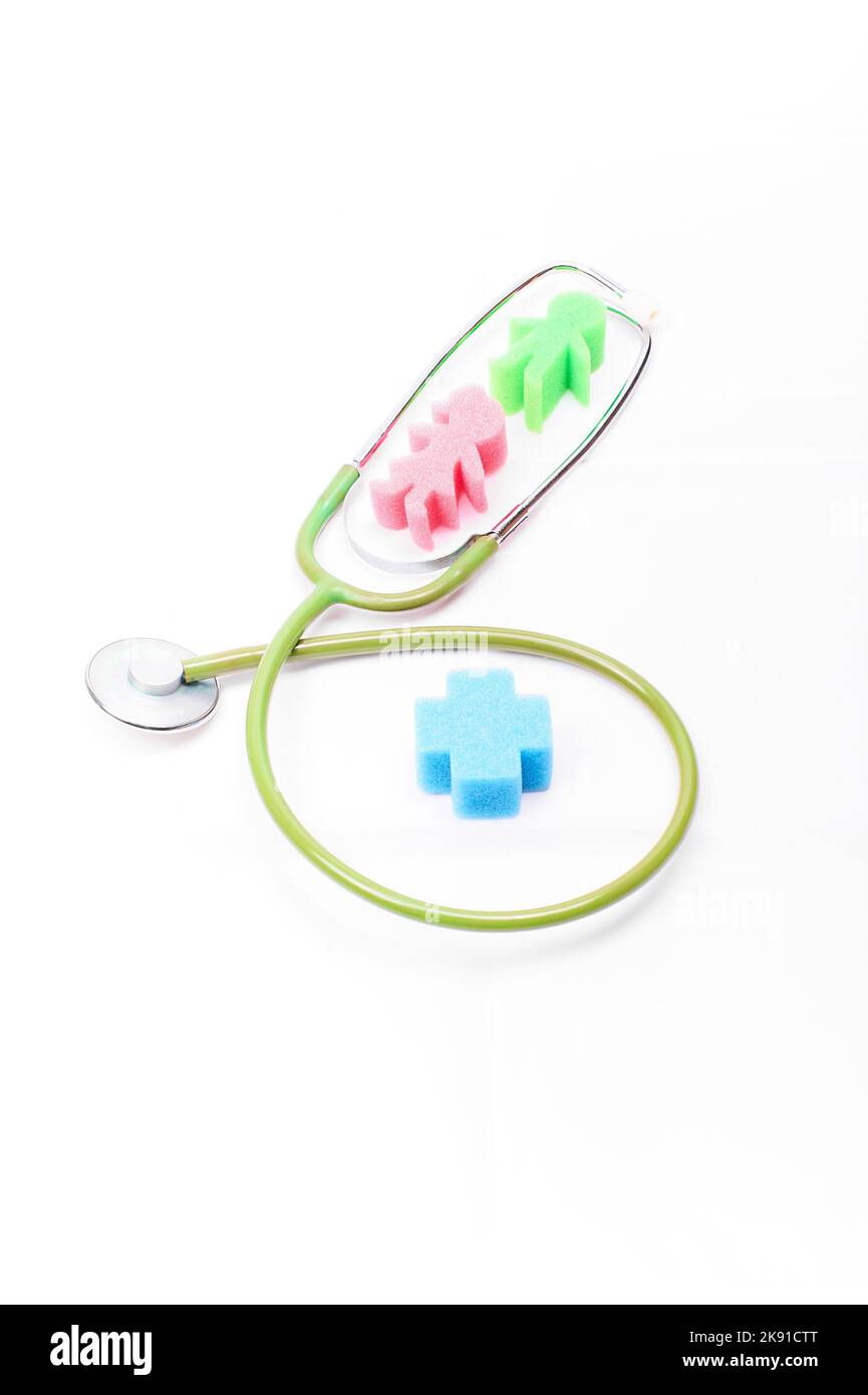 A 3D rendering of a male and a female figures and a stethoscope on a ...