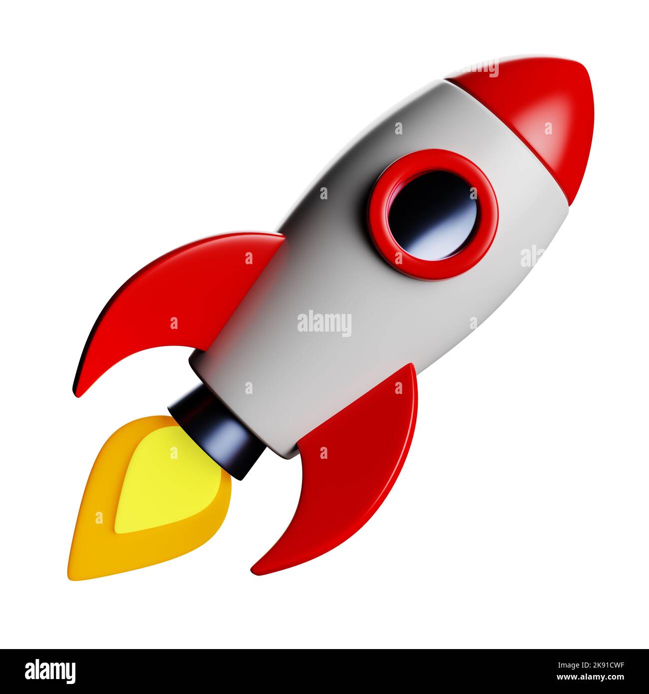 Small cartoon red and white rocket. Toy like spaceship on white ...