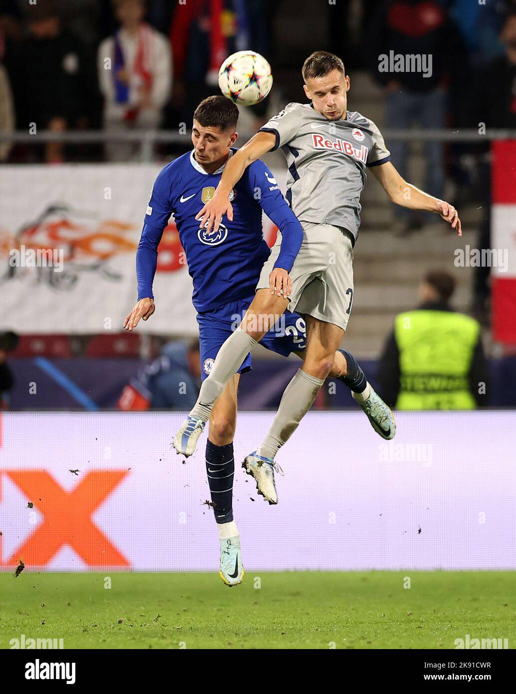 Chelsea's Kai Havertz (left) and RB Salzburg's Amar Dedic battle for ...