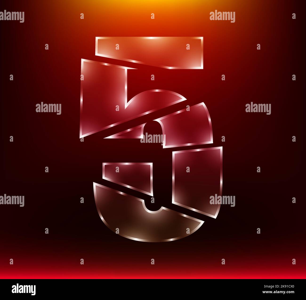 A glass number 5 slashed by sword isolated on a red background Stock ...