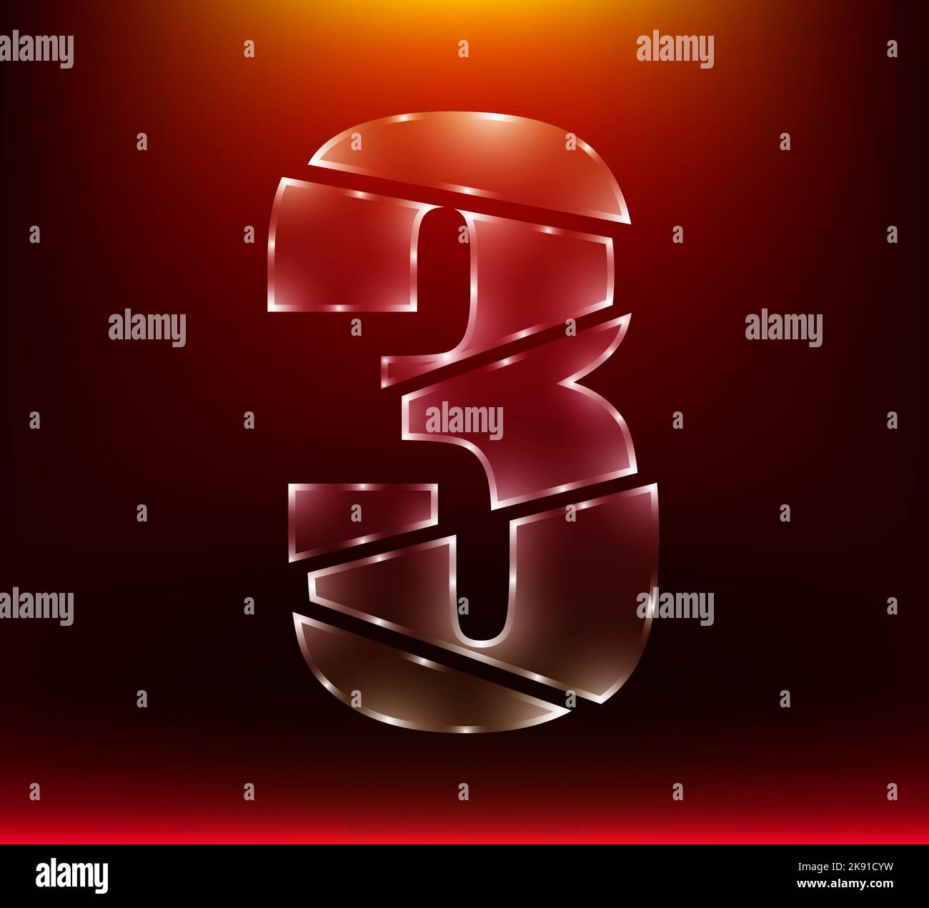 A glass number 3 slashed by sword isolated on a red background Stock ...