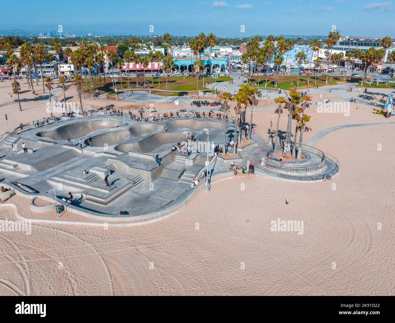 Aerial view of the skatepark of the Venice Beach in LA, California ...