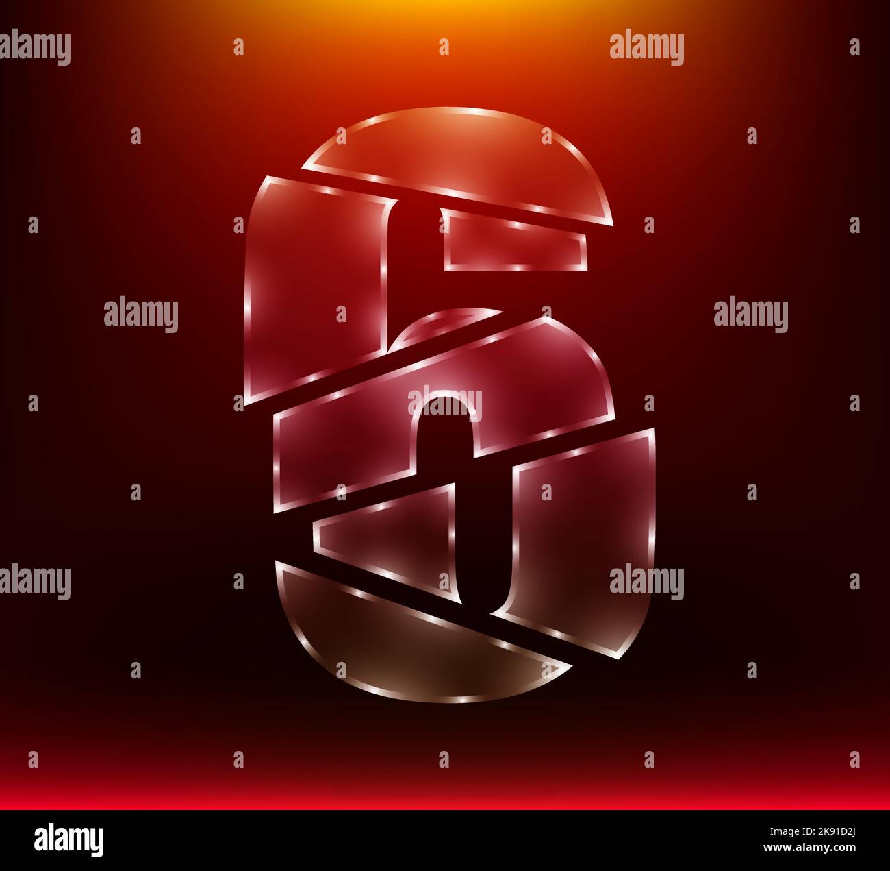 A glass number 6 slashed by sword isolated on a red background Stock ...