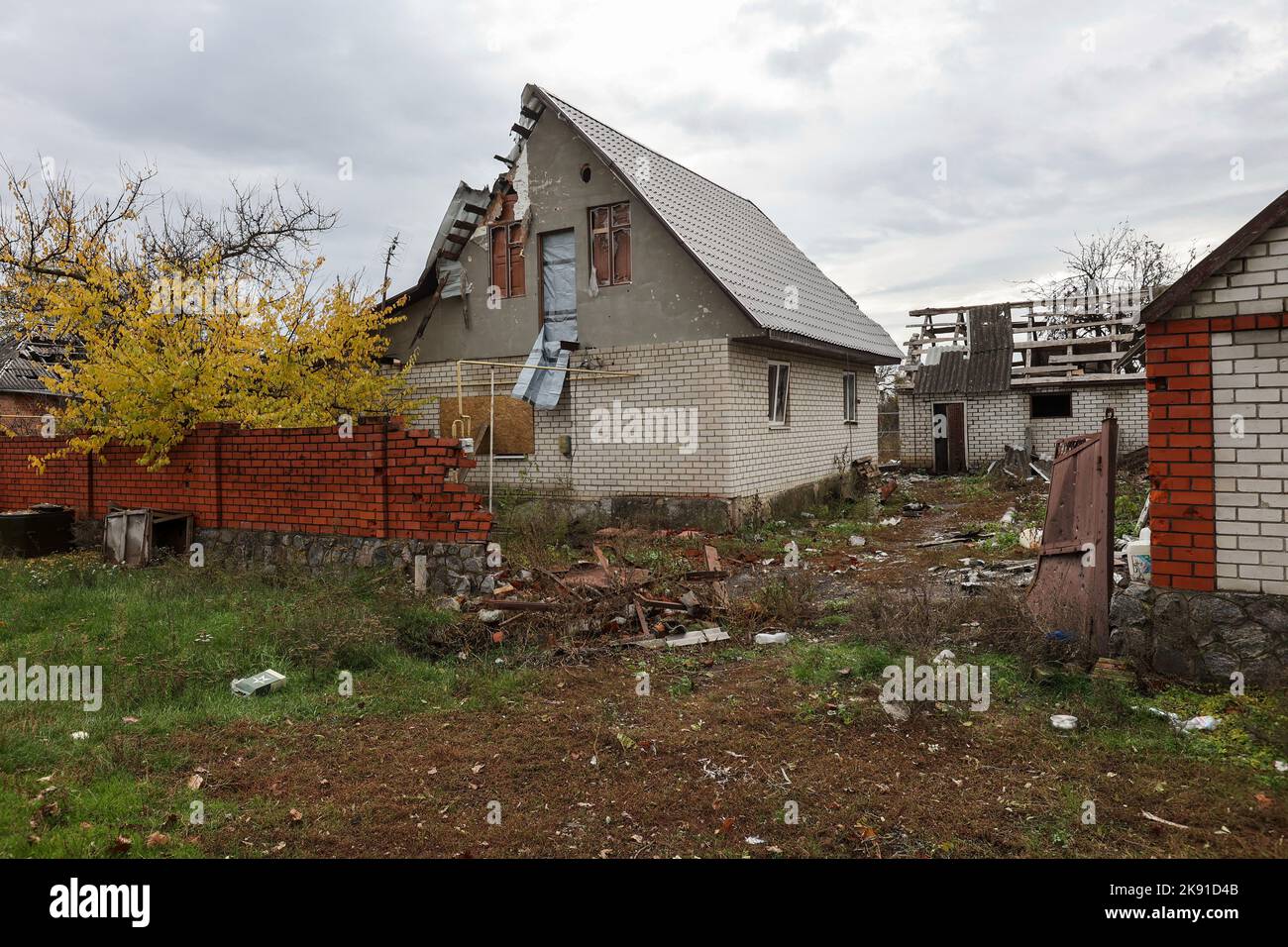 TSUPIVKA, UKRAINE - OCTOBER 25, 2022 - A house lies in ruins after the shelling of Russian ...