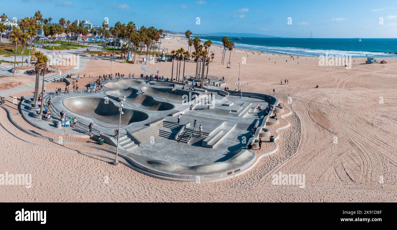Aerial view of the skatepark of the Venice Beach in LA, California ...