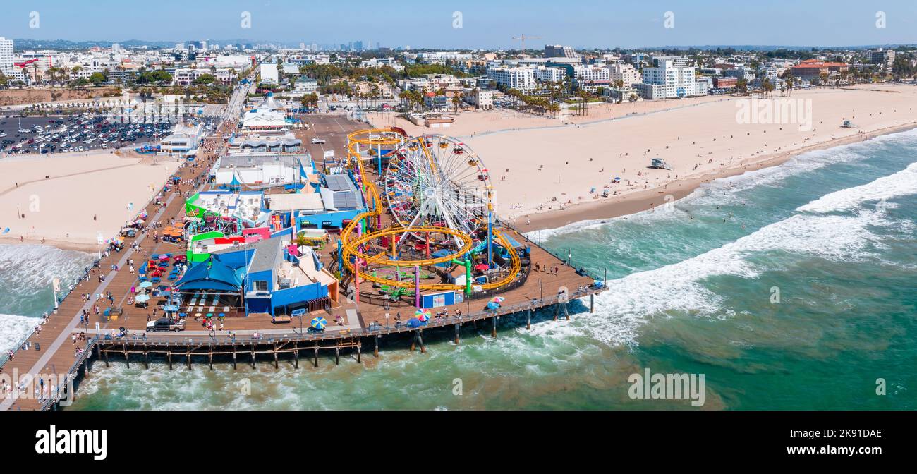 Panoramic aerial view of the Santa Monica Beach and the Pier Stock ...