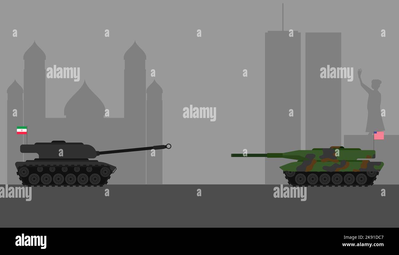 A war-themed backdrop with tanks, the USA and Iran flags, and ...