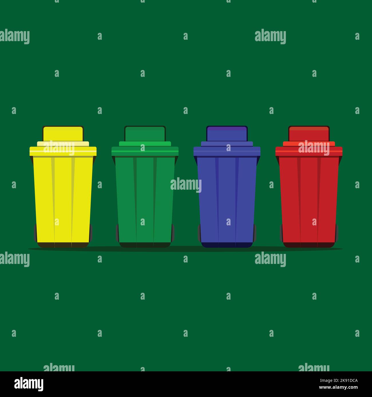 A vector illustration of four trash bins in different colors against ...