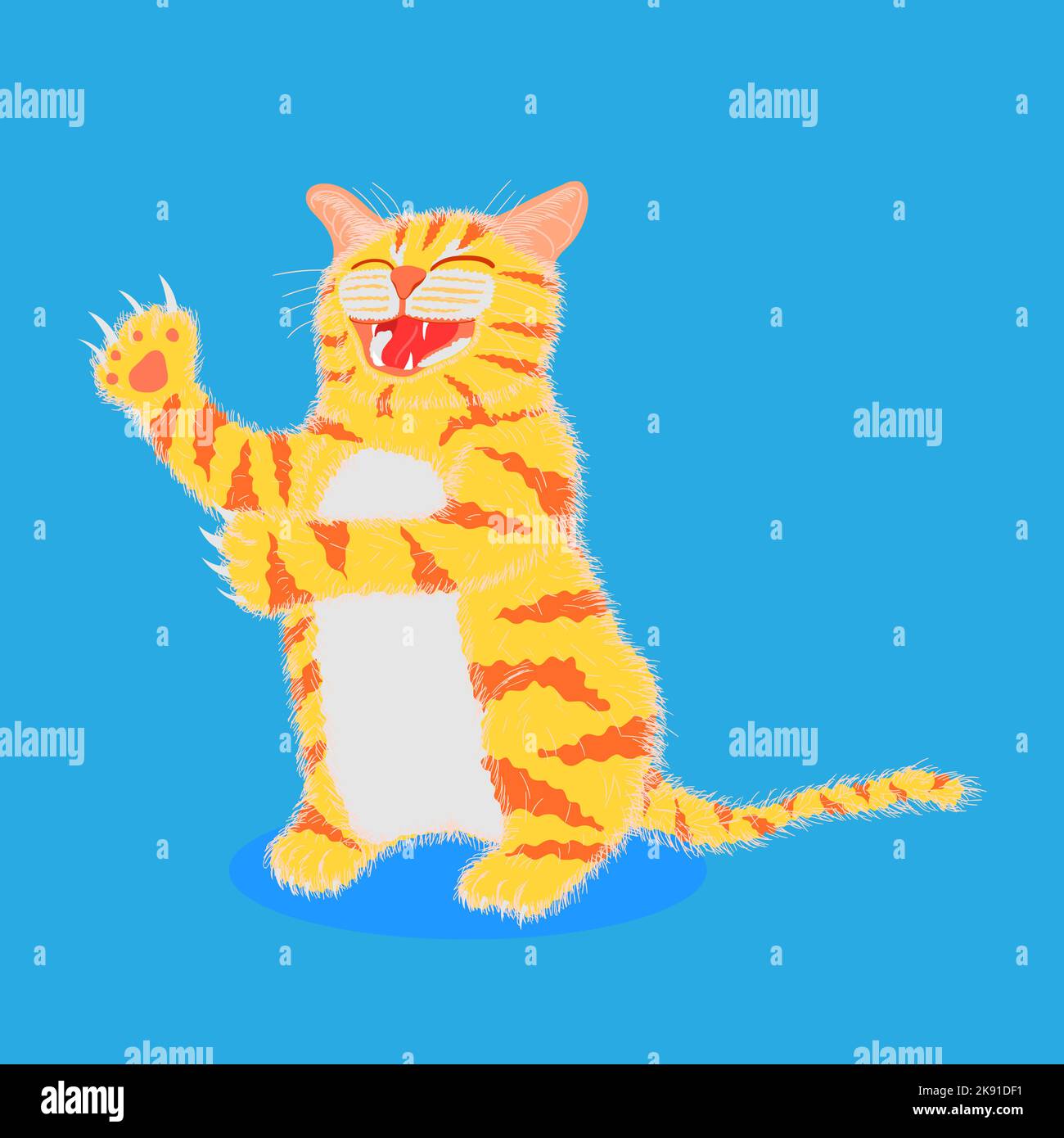 The lovely yellow and orange striped cat flop on a pastel blue ...