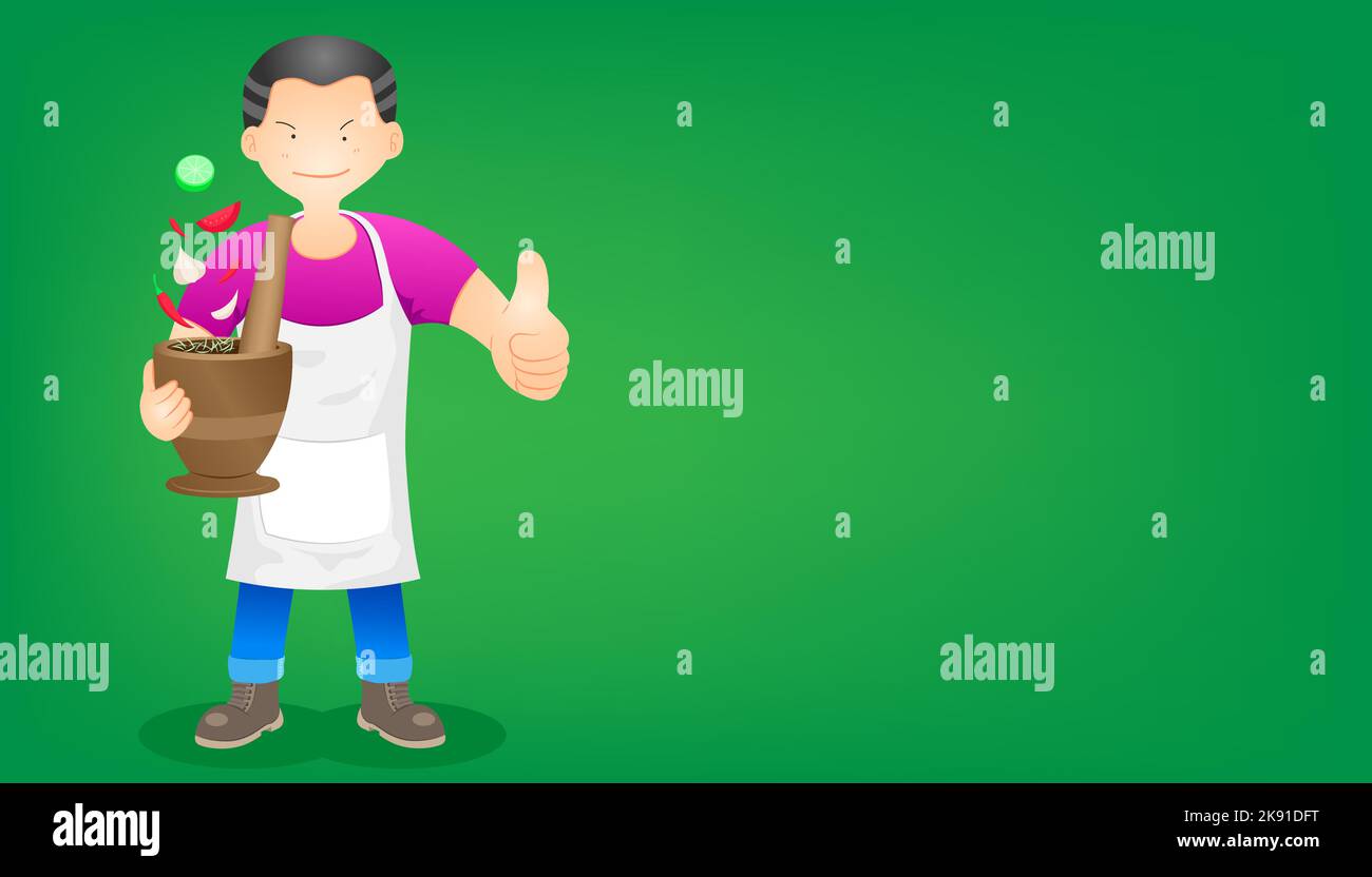A cartoon of a chef grinding some spices isolated on green background ...