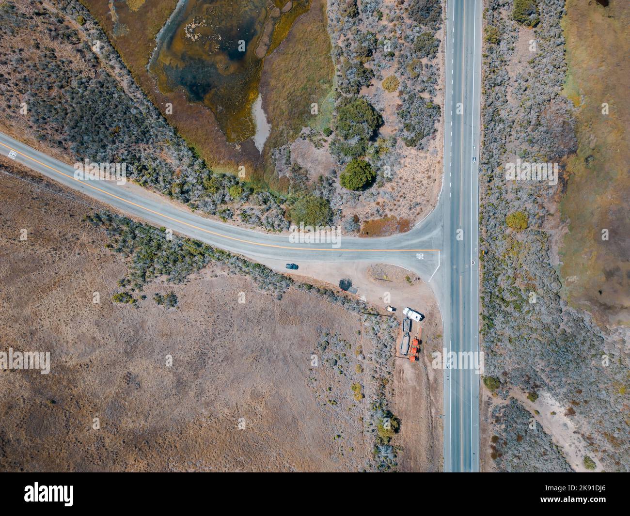 An aerial view of a T road in the deserted area Stock Photo - Alamy