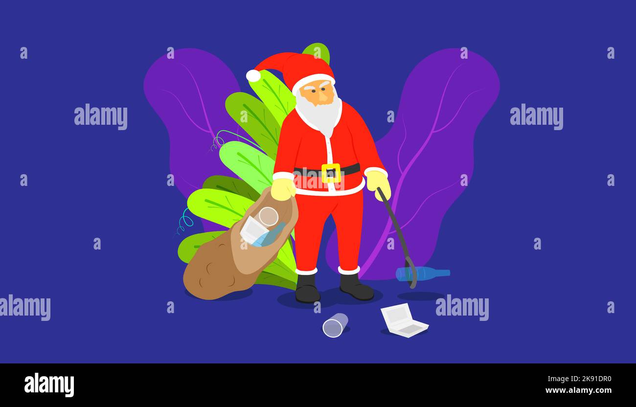 A closeup of an angry Santa Claus collecting trash from the ground on a ...