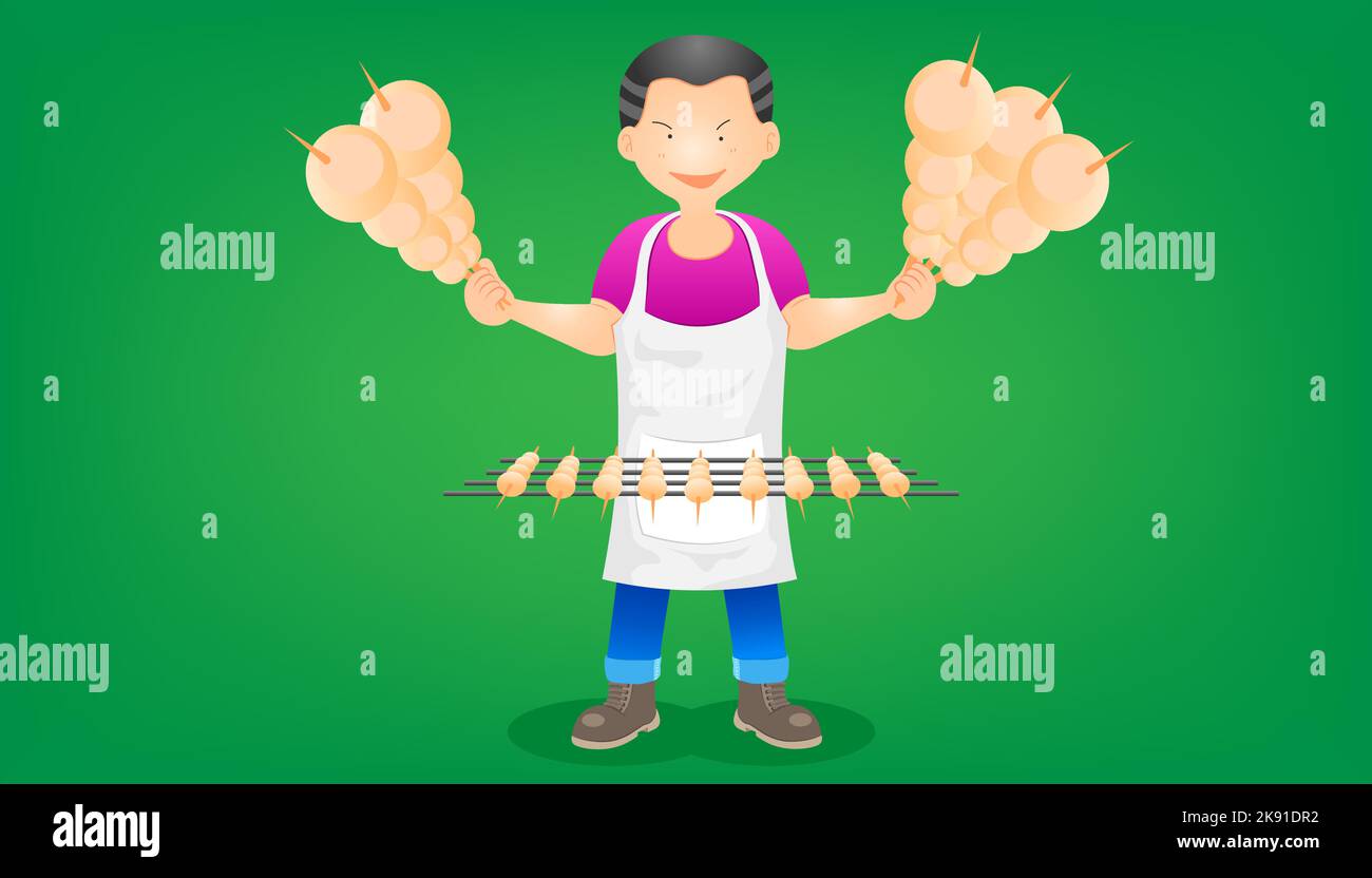 A cartoon of a chef making a BBQ isolated on green background Stock ...