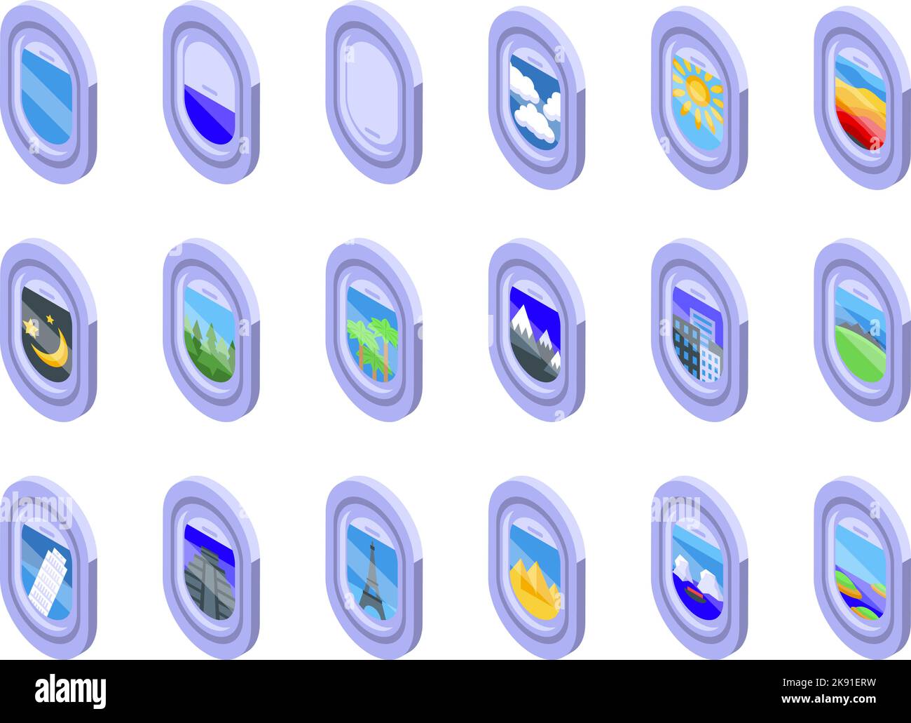 Airplane window icons set isometric vector. Plane aircraft. Sky frame ...